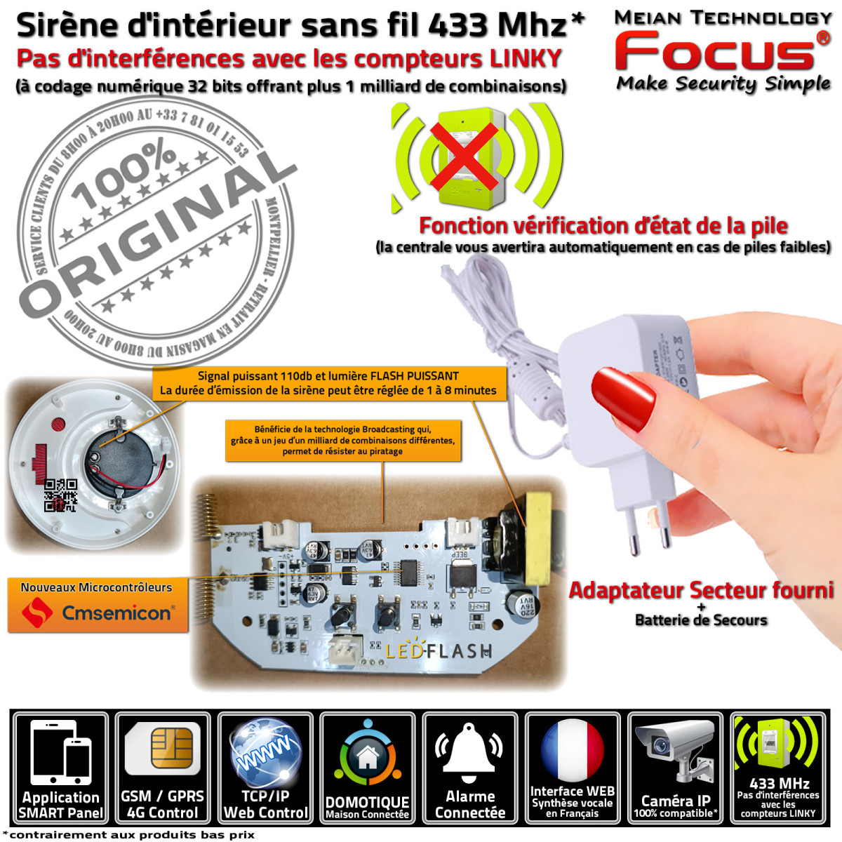 Sirène intérieure sans fil MD214R Flash LED pour alarme Meian FOCUS 433 MHz
